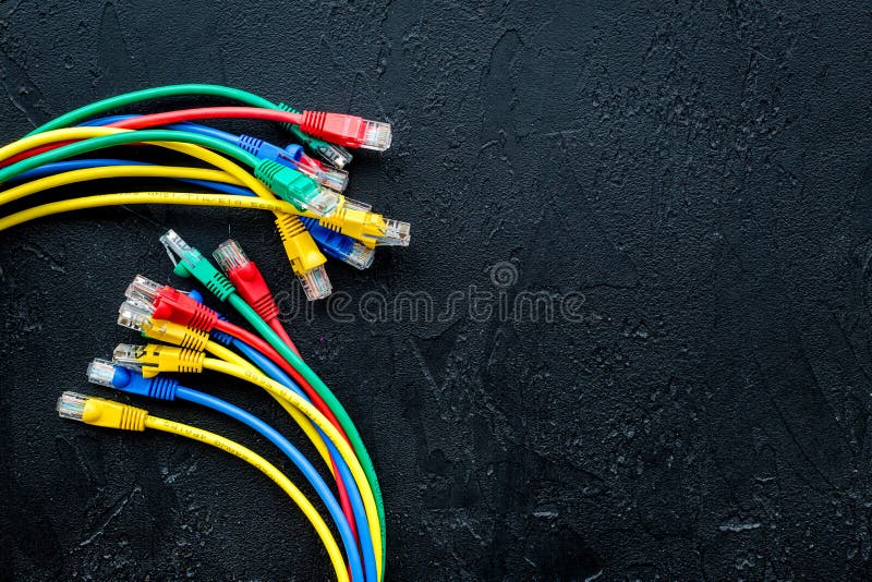 Network Wires Assorted Colors with Tips on Black Background Top View ...