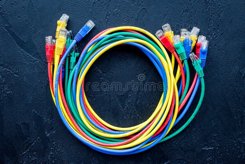 Network Wires Assorted Colors with Tips on Black Background Top View ...
