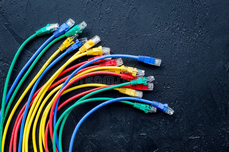 Network Wires Assorted Colors with Tips on Black Background Top View ...