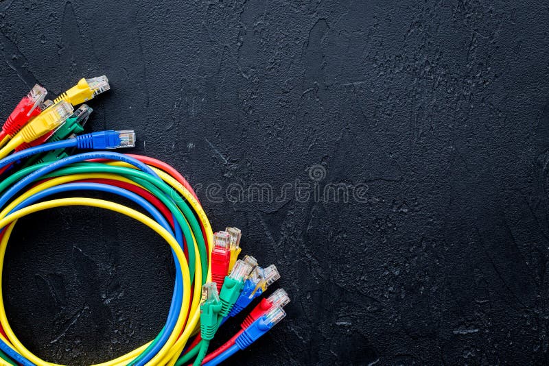 Network Wires Assorted Colors with Tips on Black Background Top View ...