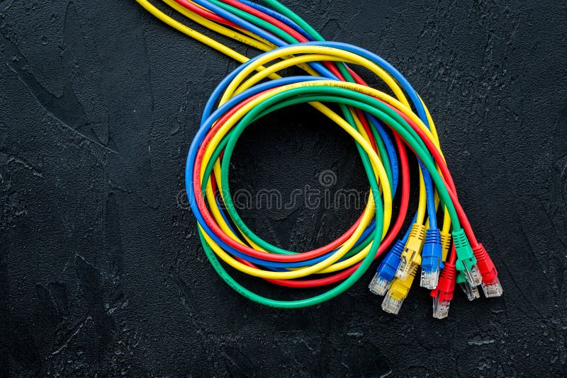 Network Wires Assorted Colors with Tips on Black Background Top View ...