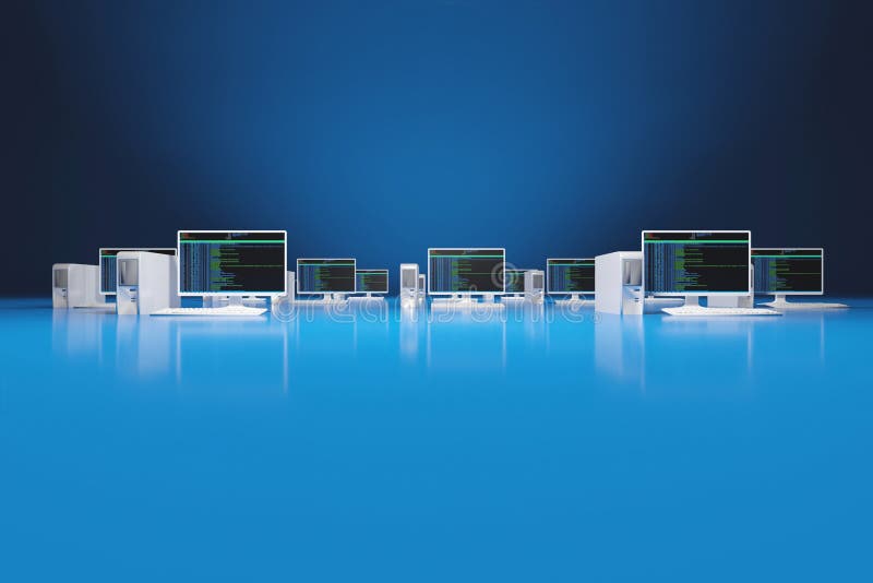 Network Workstations on Blue Background. Digital 3D Render Concept ...