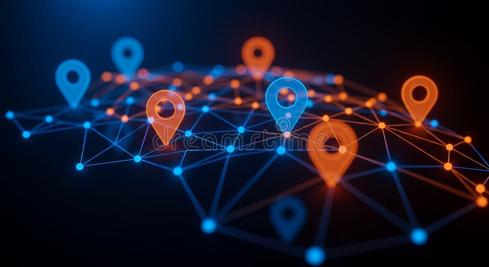 Connected Locations: Networked Map Pins in Blue and Orange, Location ...