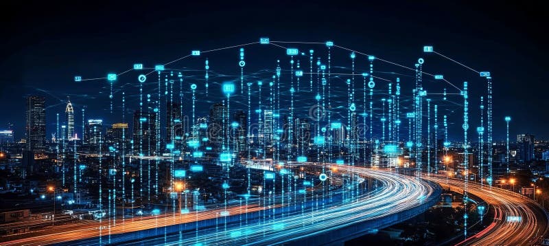 Networked City Streetscape Illuminated Digital Data Flow and Motion ...