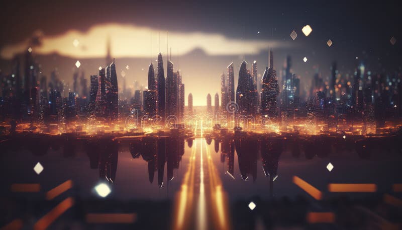 A Networked City at the Sunset. Generative AI Stock Illustration ...