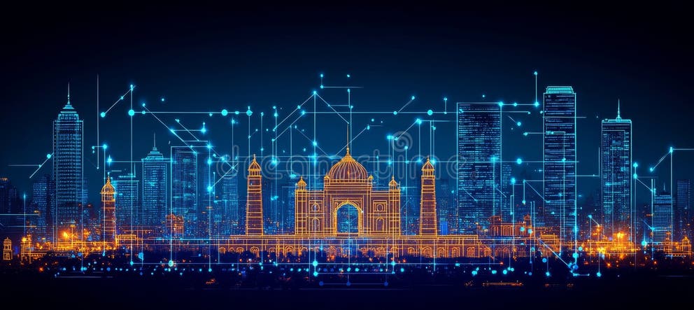 Networked Cityscape with Glowing Landmark Architecture, Representing ...