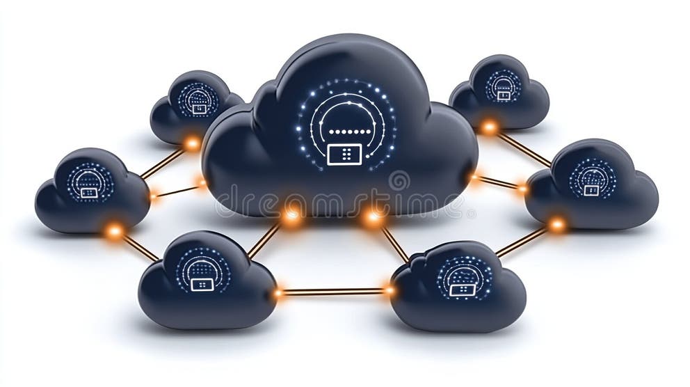 Networked Cloud Computing System, Interconnected Dark Clouds with Glowing Orange Connections and ...