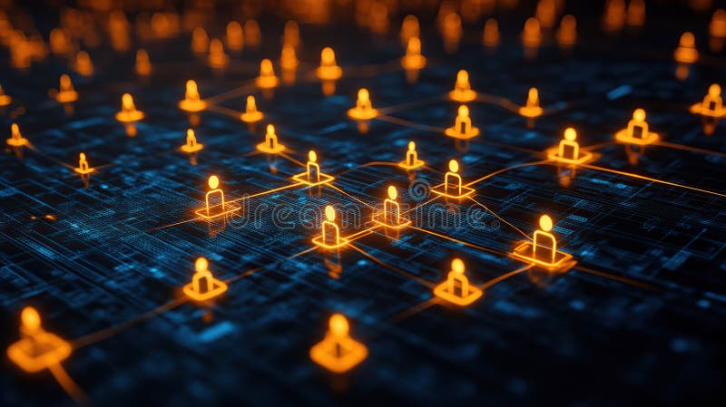Networked Human Figures, Glowing Orange, Digital Connections Stock ...