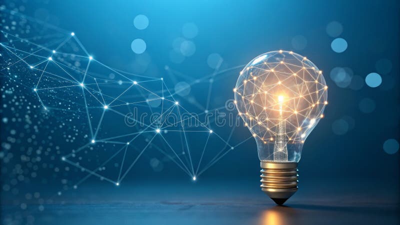 Networked Idea 3D Render, Illuminated Bulb, Blue Background Stock ...