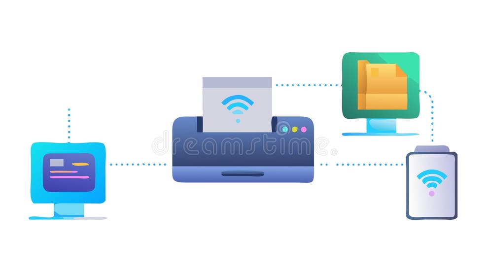 Networked Office Setup with Printer and Computer Connectivity, Vector ...