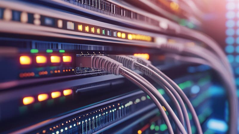 Networking Equipment with Cables Connected, Illuminating Brightly in a ...