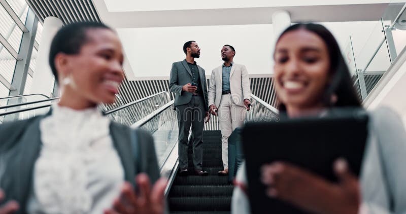 Networking, Escalator and Low Angle with Business People at Convention ...