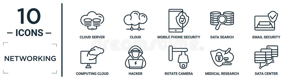 Networking Linear Icon Set. Includes Thin Line Cloud Server, Mobile ...