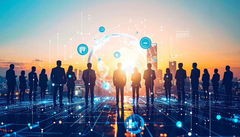 Networking Professionals Collaborate at Sunset in Urban Skyline Digital ...