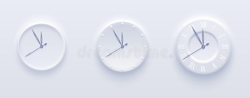 Neumorphic Clocks on Light Background. Three Clock Faces. Stock Vector ...