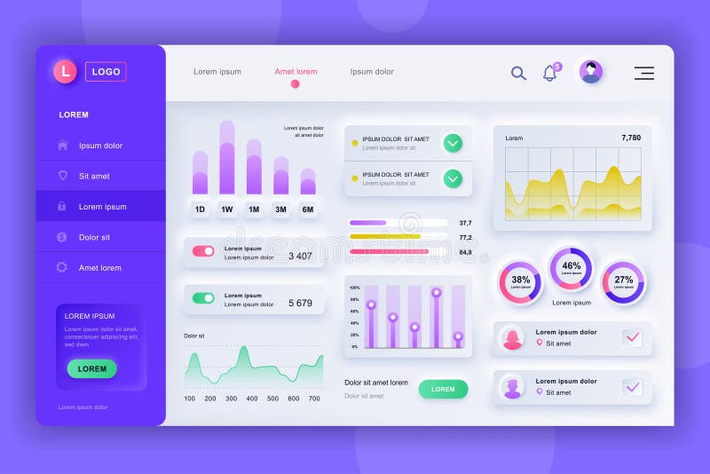 Neumorphic Dashboard UI Kit. Admin Panel Vector Design Template with ...