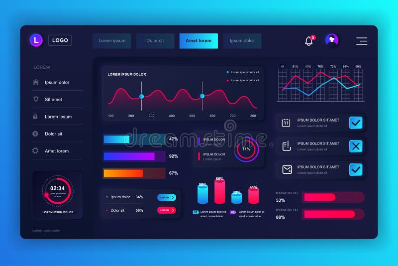Neumorphic Dashboard UI Kit. Admin Panel Vector Design Template with ...