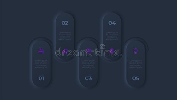 Neumorphic Rounded Elements for Infographicon the Dark Background. Skeuomorph Concept with 5 ...