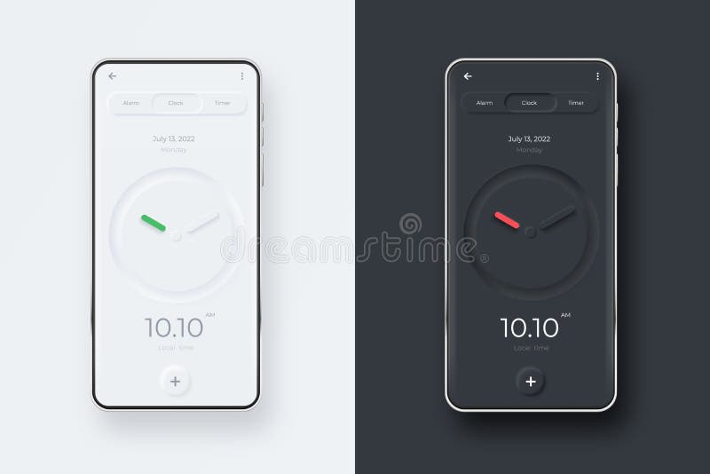 Neumorphic UI Kit on Smartphone Screen. Clock on Black and White ...