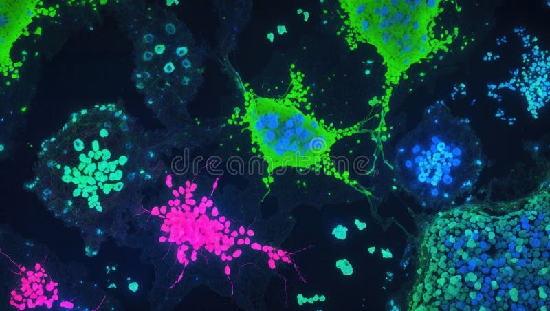 Fluorescent Microscopy of Neural Cells with Green, Pink, and Blue ...