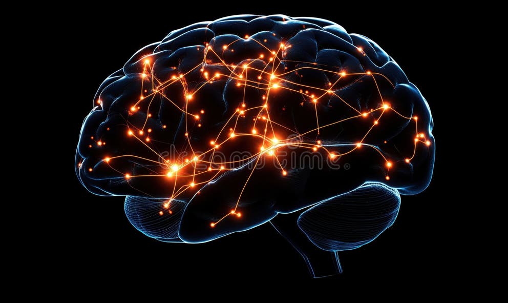 Neural Connections Illuminated in a Digital Brain Representation with Glowing Pathways Stock ...