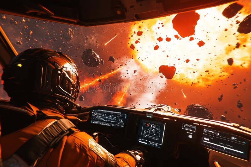 A Neural Linked Exosuit Pilot Steering a Mech through a Fiery Asteroid Belt Stock Illustration ...