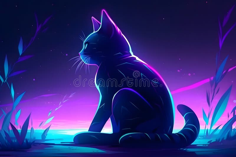 Cute Neon Art with a Kitten. Neural Network AI Generated Stock ...