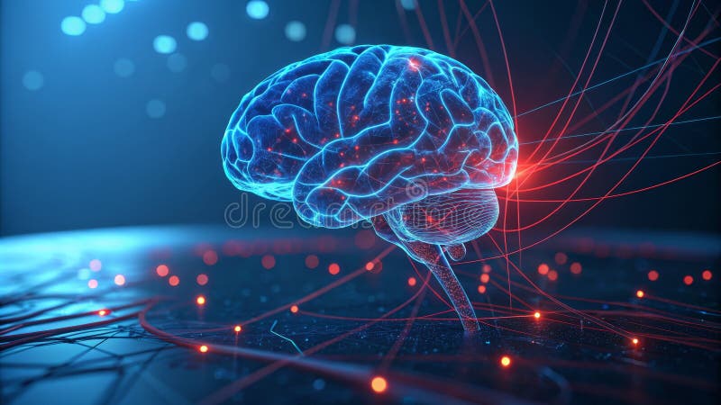 Neural Network Blue Brain, Red Connections, Digital Concept Stock ...