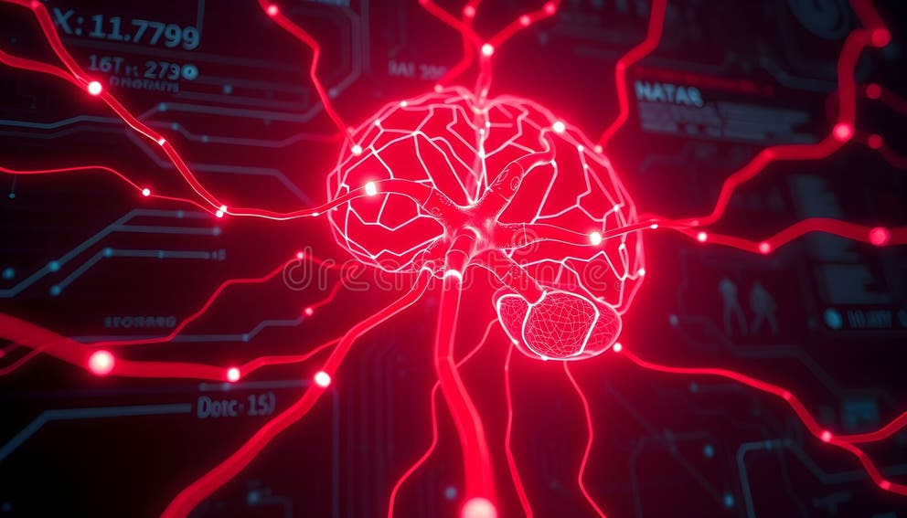 Neural Network Brain Visualization: a Glowing Red Digital Brain with ...