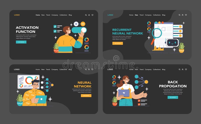 Neural Network Dark or Night Mode Web or Landing Set. Machine Learning ...