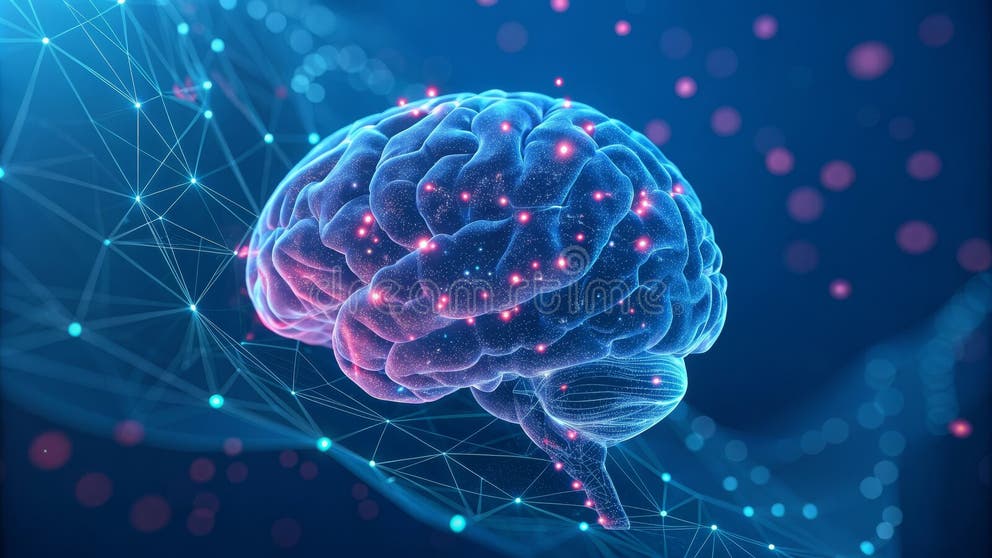 Neural Network Glowing Brain Mesh, Digital Concept Stock Illustration - Illustration of brain ...