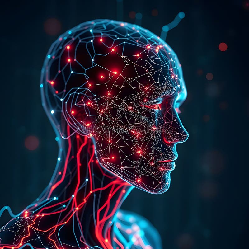 Neural Network and Human Silhouette in Red Blue Colors. AI-generated ...