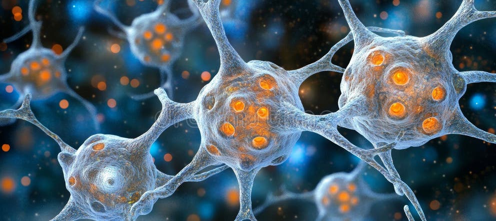 Neural Network, Microscopic View with Orange Synapses on Blue ...