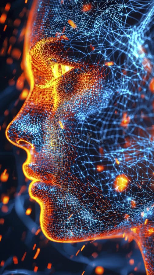 Neural Network Side Portrait with Glowing Mesh Effects Stock ...
