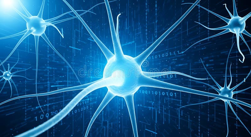 Neural Network Visualization: Blue Neurons Against Digital Binary Code Backdrop Stock ...