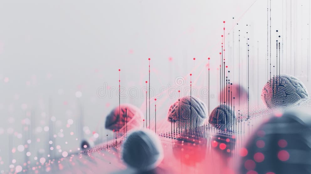 Neural Network Visualization with Red Data Points and Brain Forms Stock ...