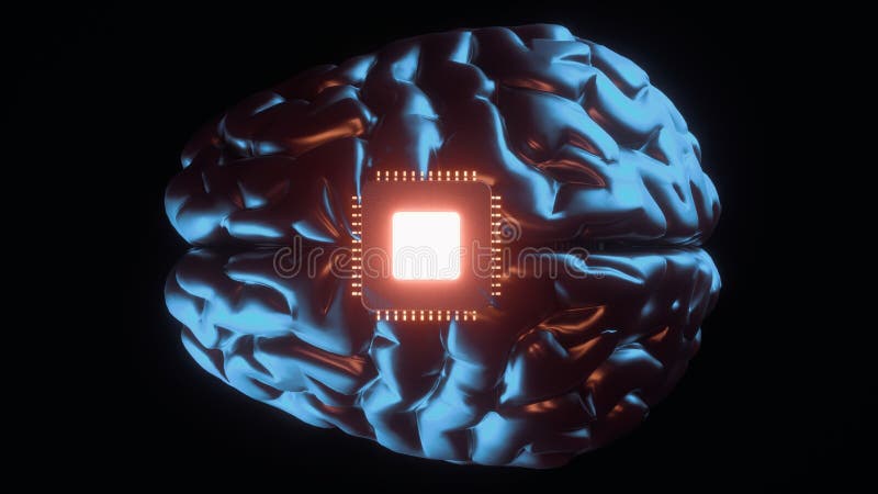Human Brain with Computer Chip. Neuro Interface and Machine Learning 3d ...