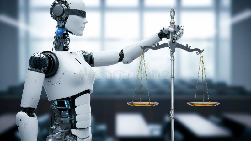 Robotic Figure Holding Scales of Justice Stock Photo - Image of ...