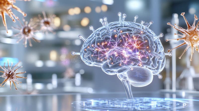 Neurological Virus Attack: 3D Render of Brain Under Viral Assault Stock ...