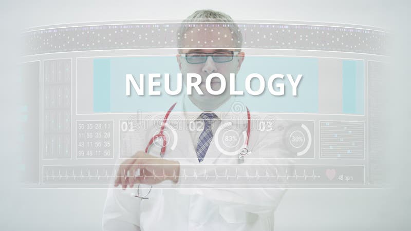 NEUROLOGY Tab and a Doctor in Front of a Modern Medical Display Stock ...