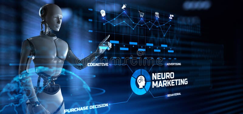 Neuromarketing Cognitive Advertising Technology Concept. Robot Pressing ...