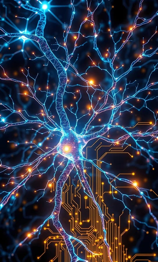 Neuron Cell Connection with Glowing Circuit Board on Dark Background ...