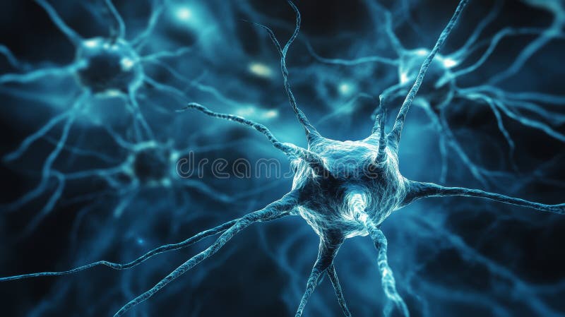 Neuron Cell Network Glowing with Electric Signals in Blue Brain Tissue ...