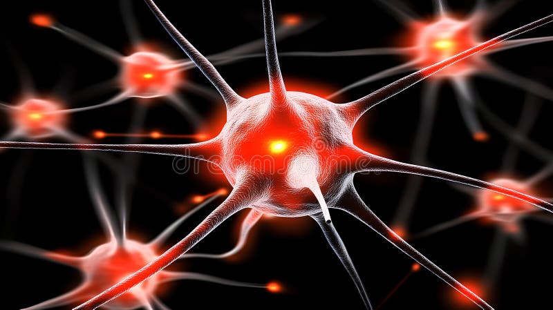 Neuron Cell with Vibrant Red Synapses Connected To Other Neurons in a ... Neuron Cell with Vibrant Red Synapses Connected To Other Neurons in a ...