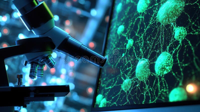 Microscope Analyzing Neuron Cells on Computer Screen in Laboratory ...