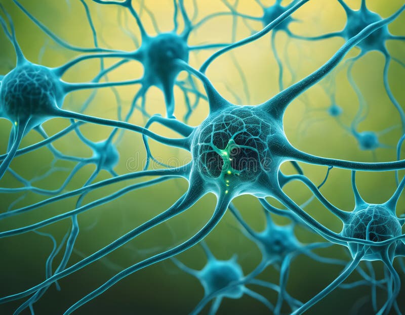 Neuron Cells with Glowing Link Knots. Neurons in Brain on with Focus ...