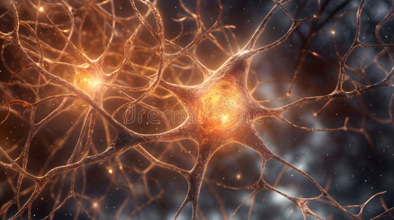 Neuron Cells with Glowing Link Knots. Red Neurons in Brain. Generative ...