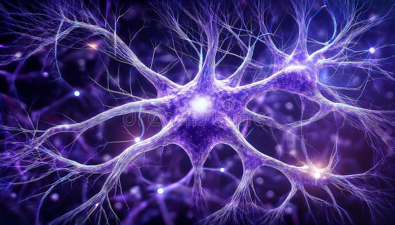 Neuron with Complex Network of Axons and Dendrites, Glowing Purple and ...