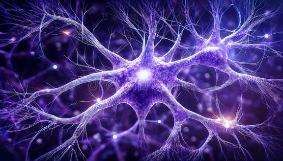 Neuron with Complex Network of Axons and Dendrites, Glowing Purple and ...