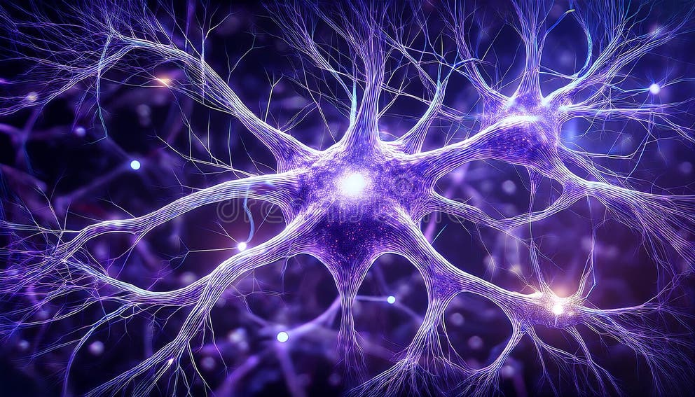 Neuron with Complex Network of Axons and Dendrites, Glowing Purple and ...